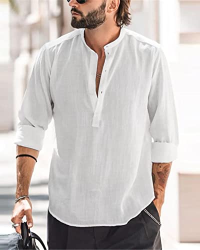 Hakjay Cotton Linen Shirts for Men Casual Shirts Long Sleeve Henley Beach Shirts Hawaiian T Shirts for Men White Large