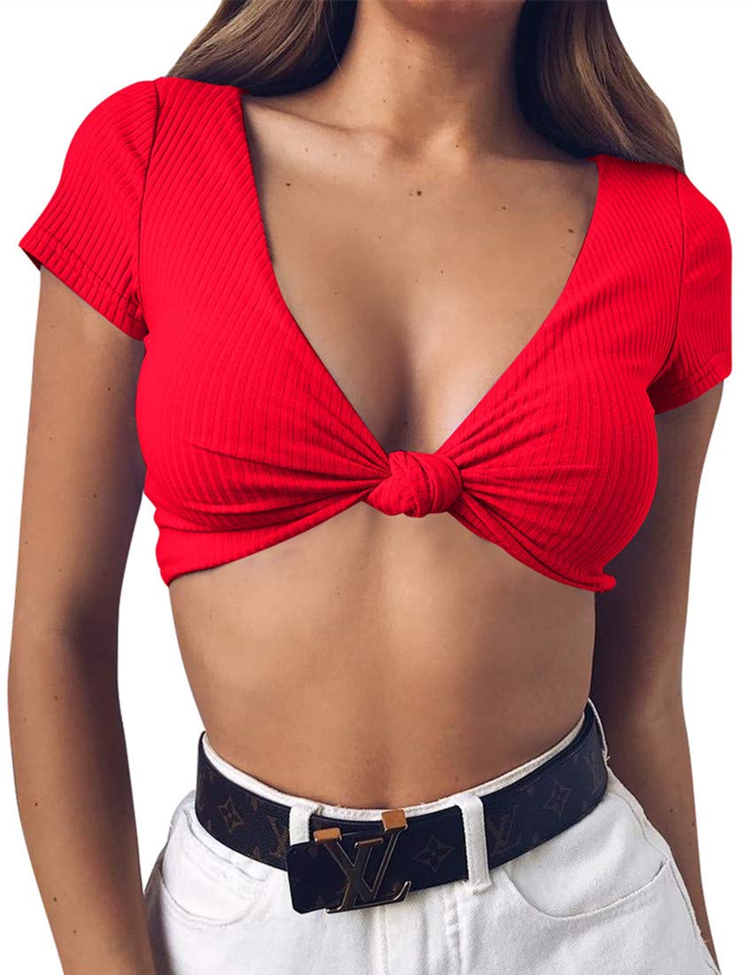 Mizoci Women's Sexy Knot Front Crop Top Deep V Neck Short Sleeve Basic Casual T Shirt,Medium,Red