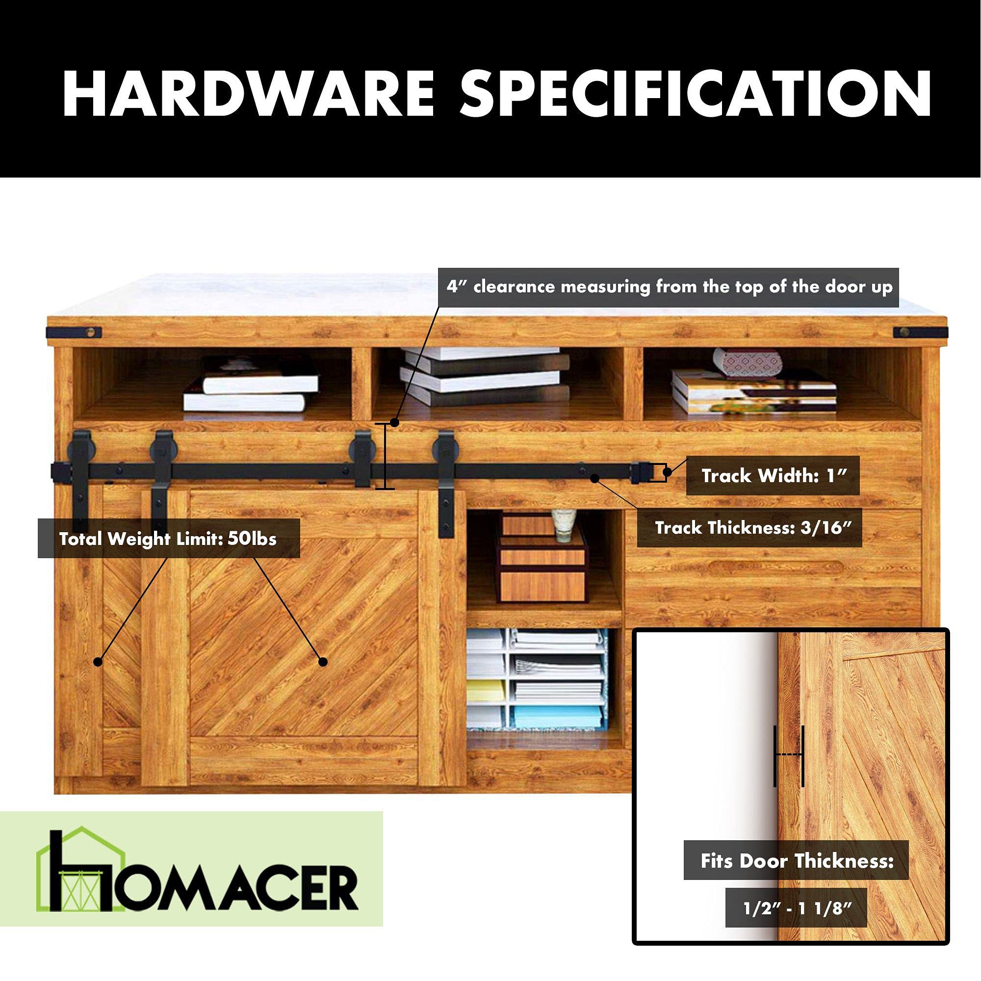 Homacer Mini Black Rustic Single Track Bypass Sliding Barn Door Hardware Kit, for Two Doors, 54-inch Long Flat Track, Classic Design Roller (One Flat +One Bent), Cabinet TV Stand Use