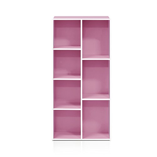 FURINNO Simplistic Study Table, Pink, 15.5 in x 31.5 in x 29.75 in (D x W x H) and Furinno 7-Cube Reversible Open Shelf, White/Pink 11048WH/PI
