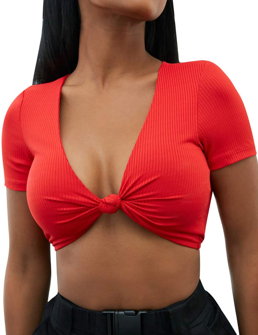 Mizoci Women's Sexy Knot Front Crop Top Deep V Neck Short Sleeve Basic Casual T Shirt,Medium,Red