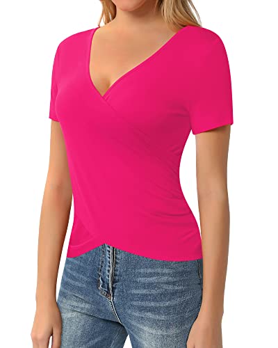 HERLOLLYCHIPS Womens Tops Short Sleeve Wrap Deep V Neck Backless Ruched Hem Cross Fitted Sexy Casual Summer Tees T-Shirts (Hot Pink, X-Large)