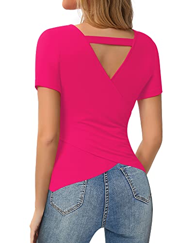 HERLOLLYCHIPS Womens Tops Short Sleeve Wrap Deep V Neck Backless Ruched Hem Cross Fitted Sexy Casual Summer Tees T-Shirts (Hot Pink, X-Large)