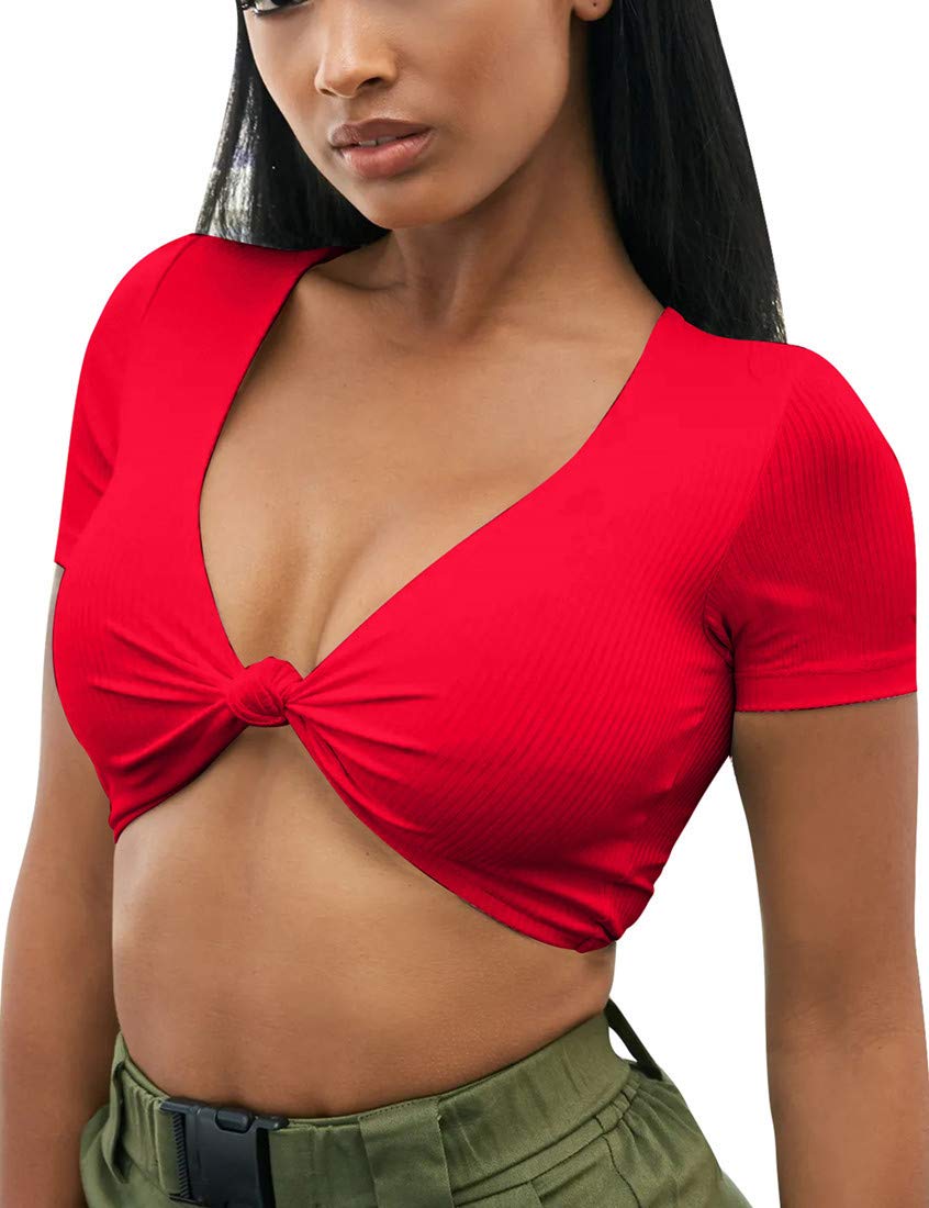 Mizoci Women's Sexy Knot Front Crop Top Deep V Neck Short Sleeve Basic Casual T Shirt,Medium,Red