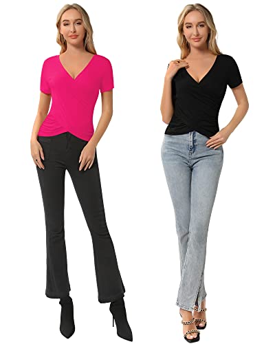 HERLOLLYCHIPS Womens Tops Short Sleeve Wrap Deep V Neck Backless Ruched Hem Cross Fitted Sexy Casual Summer Tees T-Shirts (Hot Pink, X-Large)