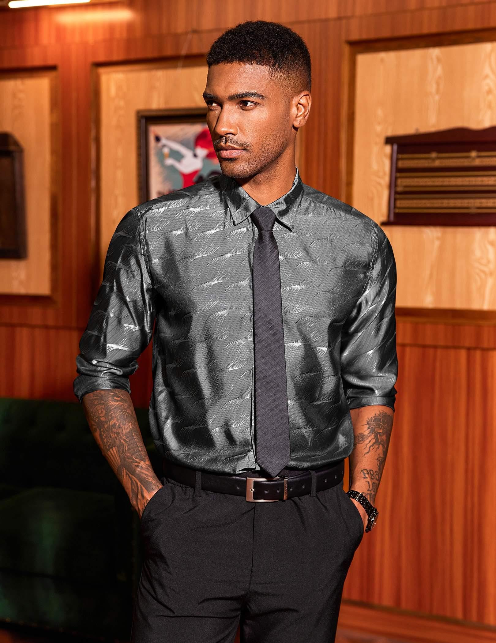 COOFANDY Men's Luxury Dress Shirt Long Sleeve Slim Fit Satin Like Shirt Wedding Party Button Down Shirts Grey