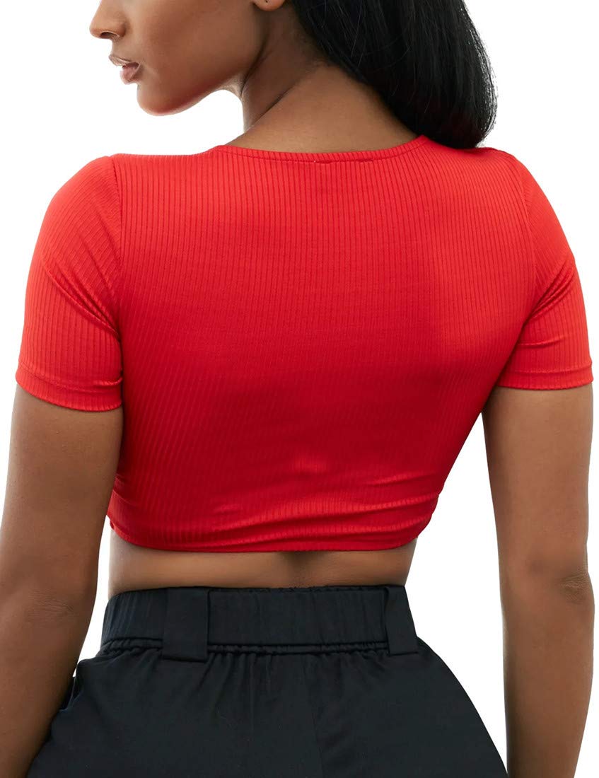 Mizoci Women's Sexy Knot Front Crop Top Deep V Neck Short Sleeve Basic Casual T Shirt,Medium,Red
