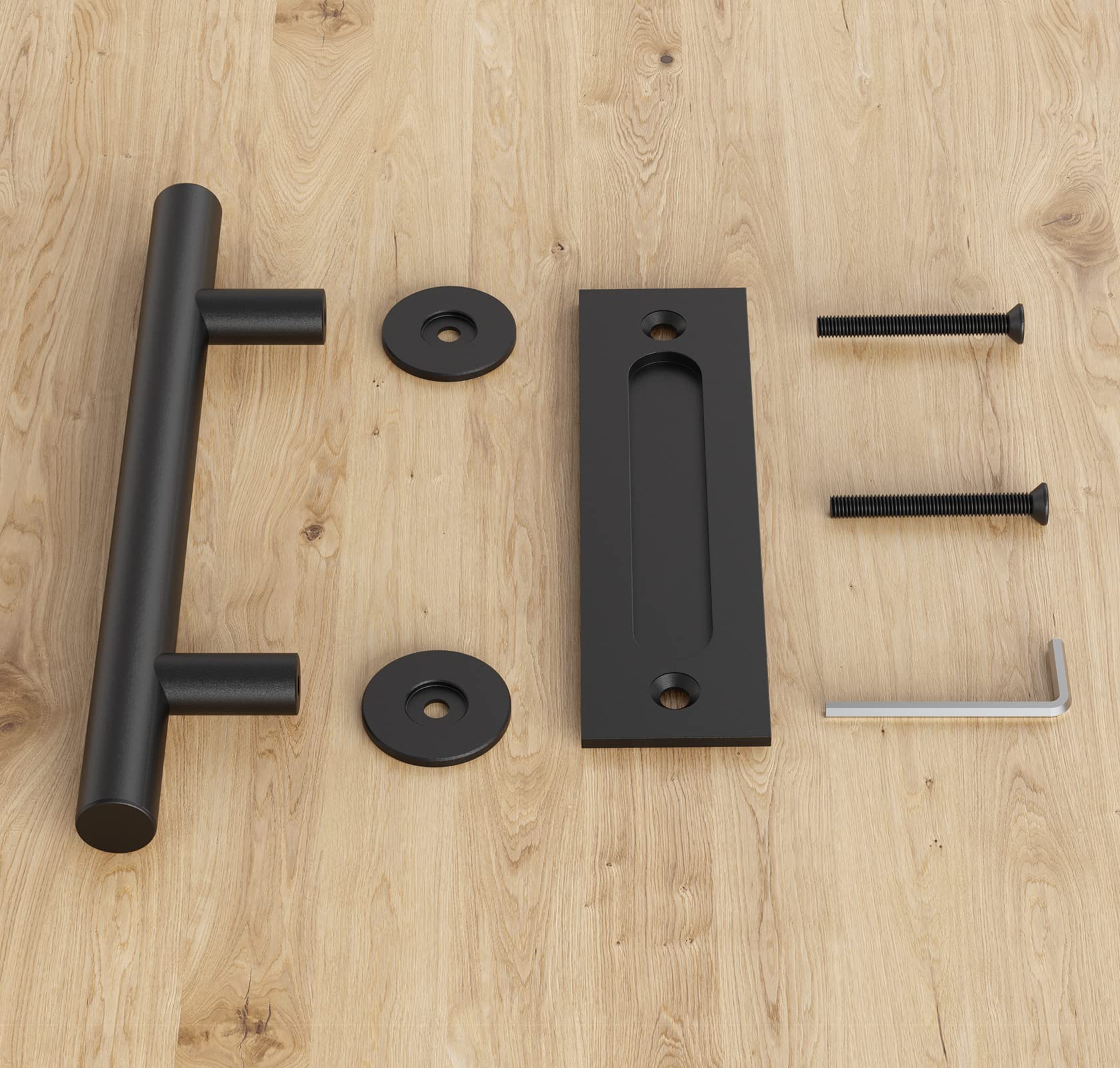 HomLxclx 12" Sliding Barn Door Handle Pull and Flush Hardware Set, Black Powder Coated Finish Round Shape,Heavy Duty Barn Door Handles-Fit 1 3/8-1 3/4" Thickness Door Panel, Easy to Install1
