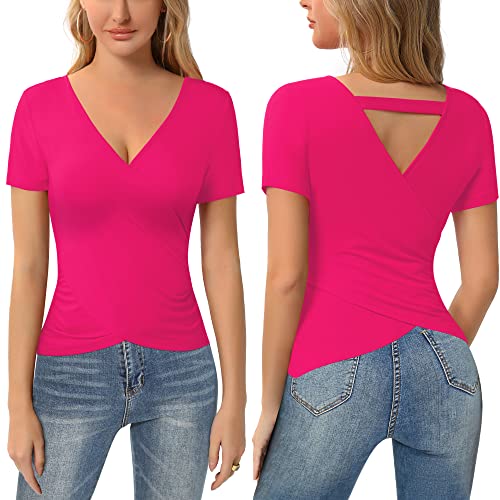 HERLOLLYCHIPS Womens Tops Short Sleeve Wrap Deep V Neck Backless Ruched Hem Cross Fitted Sexy Casual Summer Tees T-Shirts (Hot Pink, X-Large)