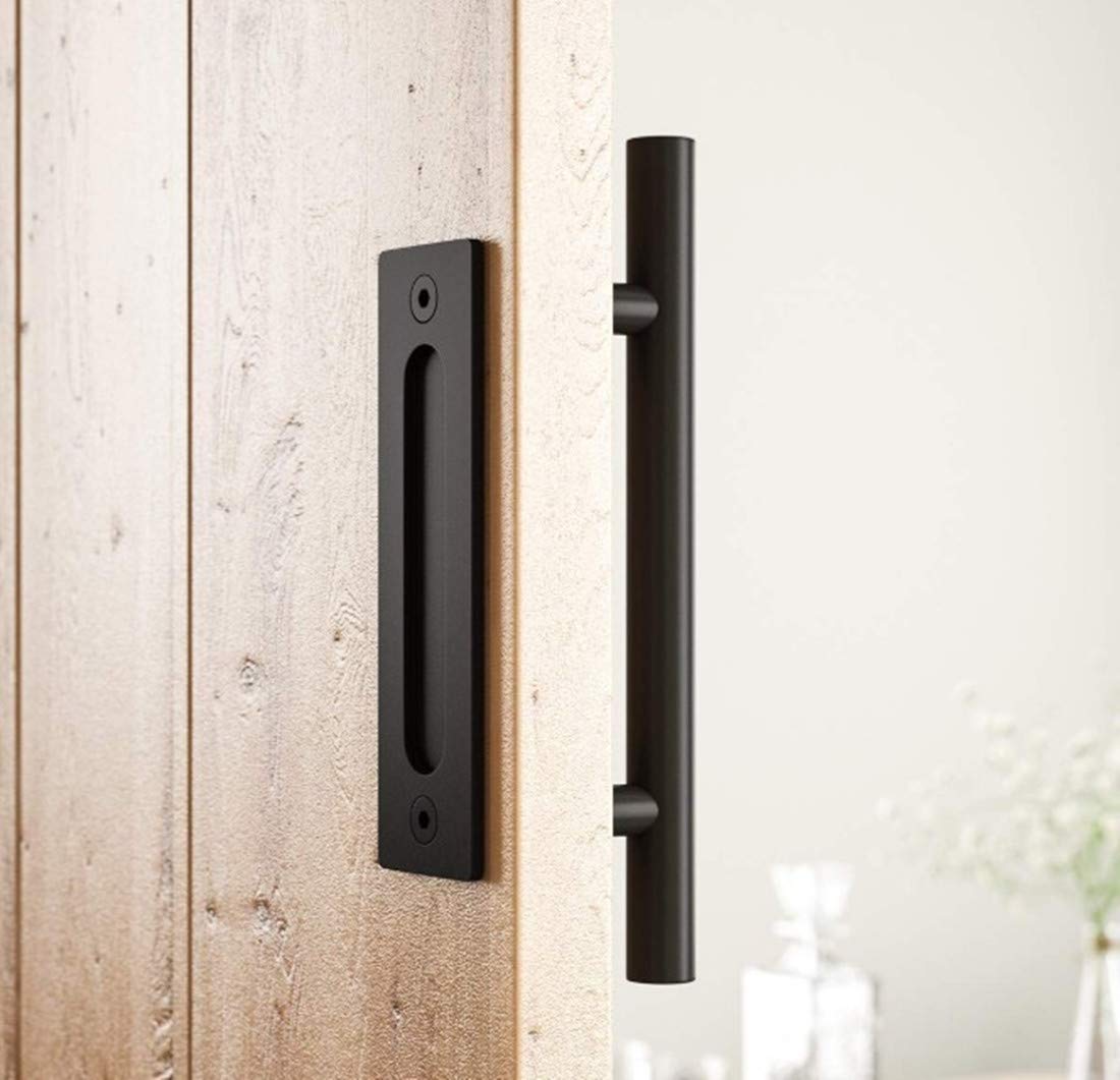 Ranbo Heavy Duty 12" Pull and Flush Barn Door Handle Set, Large Rustic Two-Side Design, for Gates Garages Sheds Furniture, Black Powder Coated Finish, Round