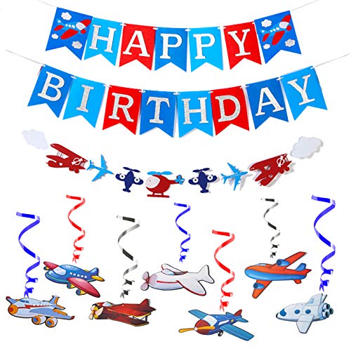 C L cooper life Airplane Party Decoraton Favor Supplies,Silver Glitter Airplane Birthday Banner,30Ct Airplanes Hanging Swirl for Airplane Aviator Themed Party Up and Away Felt Birthday Party