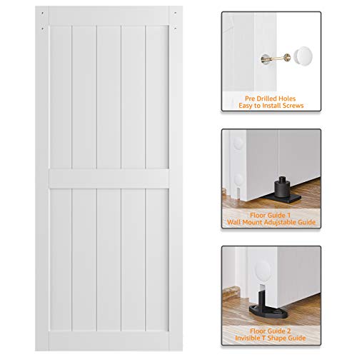 YiHICO 32 x 84in Solid MDF Barn Door(Predrilled & Unassembled Door Panels), with Whole 6ft Sliding Door Hardware Kit, 12in Handle Kit and 2 Floor Guides, PVC Waterproof Coating - White - H Frame