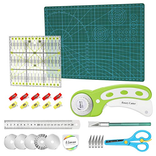 Rotary Cutter Kit,Rotary Cutter Tool Kit with with 5 Extra Blades, Cutting Mat, Patchwork Ruler, Carving Knife, Storage Bag for Sewing and Quilting