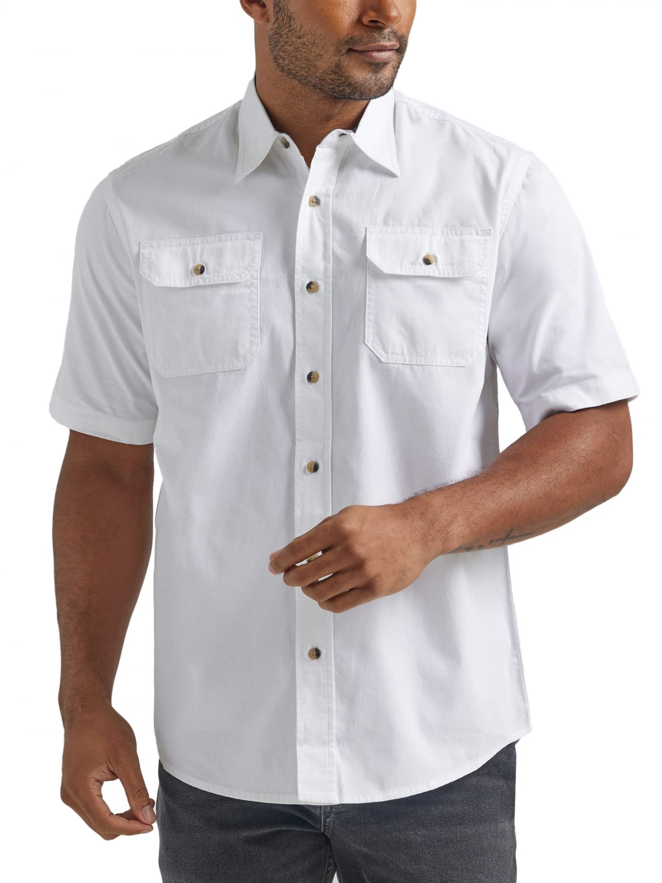 Wrangler Authentics mens Short Sleeve Classic Woven Button Down Shirt, Bright White, Large US