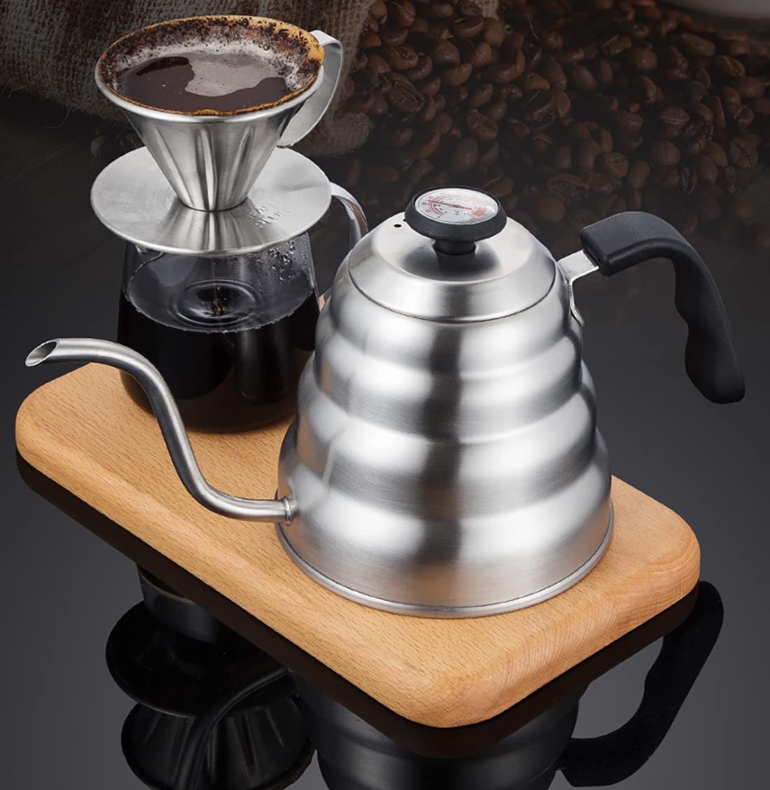 Beeca Pour Over Coffee Kettle with Thermometer, Premium Stainless Steel Gooseneck Kettle for Tea French Press Drip Coffee Slow Brew Pot for All Stovetop and Any Heat Source, 40oz / 1200ml
