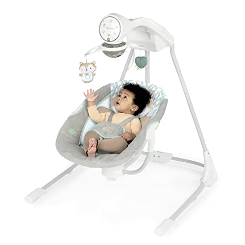 Ingenuity InLighten 5-Speed Baby Swing - Swivel Infant Seat, 5 Point Safety Harness, Nature Sounds, Lights - Kitt Fox