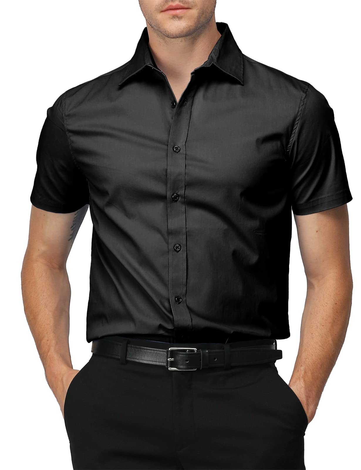H2H Black Button up Shirt Men Black US L/Asia XL (KMTSTS0132)