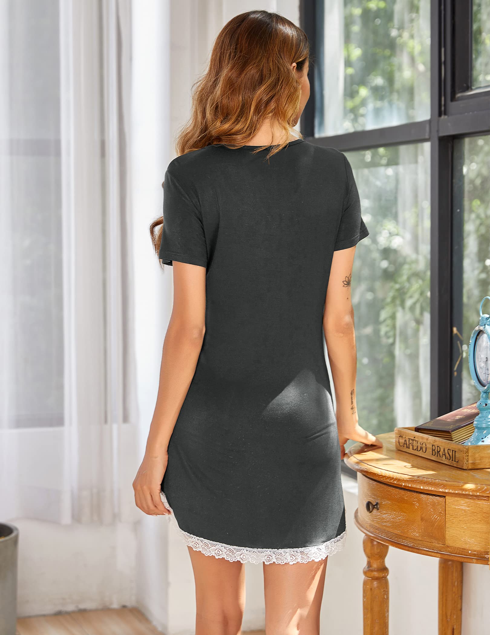 Ekouaer Womens Sexy Lace Trim Soft Sleepshirt Short Slleve V Neck Nightgown Dark Grey XXL