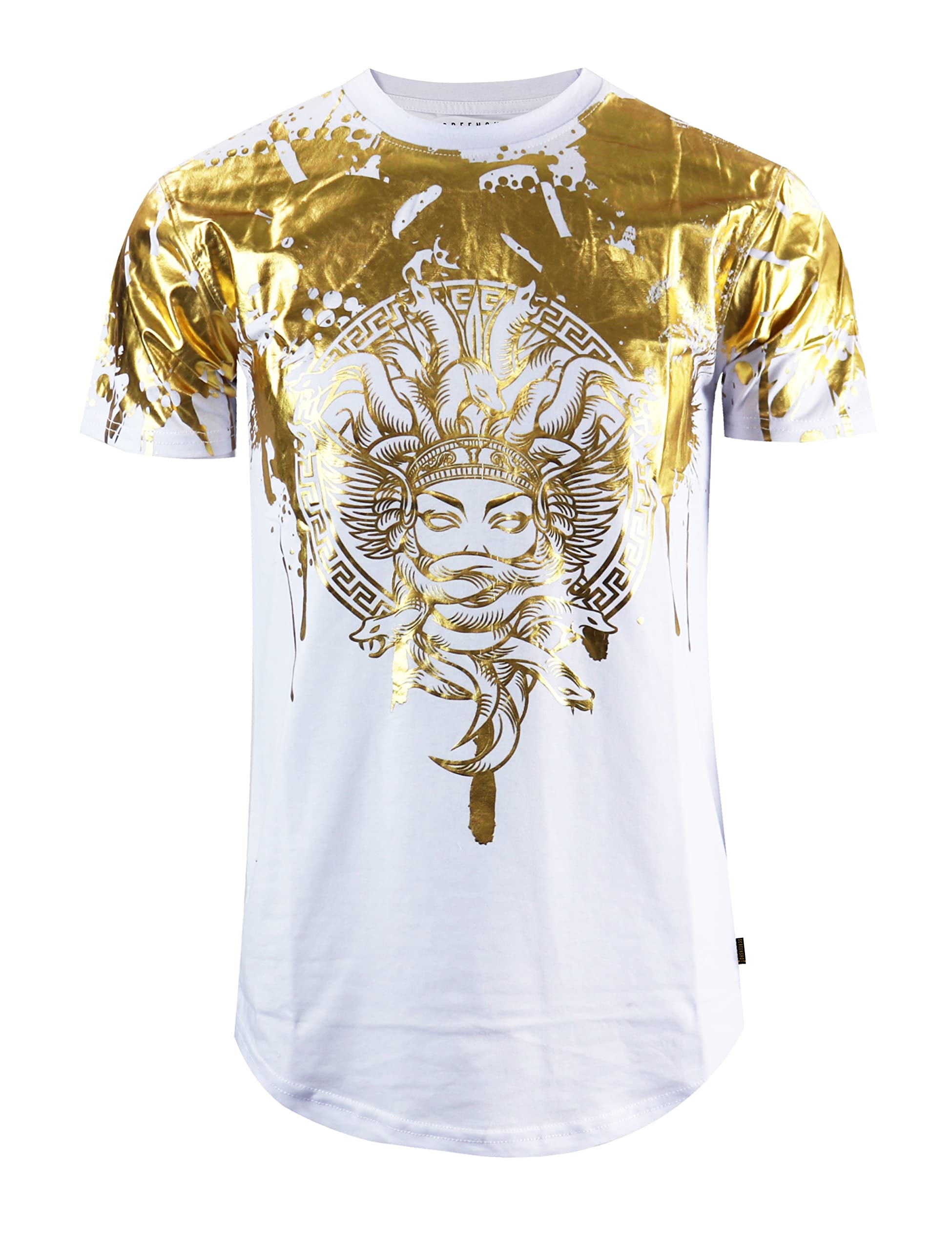 SCREENSHOT-S11279 Mens Hip-Hop Streetwear Premium Quality Urban Tee - Snake Head Masked Medusa Goddess Gold Foil Embossed Gel Print T-Shirt-White-Large