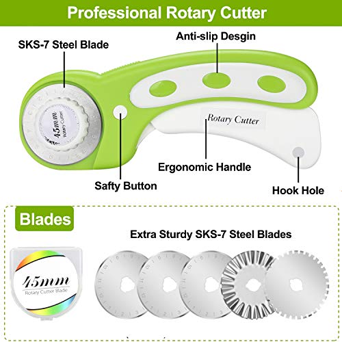 Rotary Cutter Kit,Rotary Cutter Tool Kit with with 5 Extra Blades, Cutting Mat, Patchwork Ruler, Carving Knife, Storage Bag for Sewing and Quilting