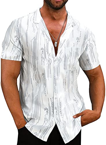 JMIERR Men Casual Button Down Hawaiian Shirt Short Sleeve Holiday Resort Floral Beach Shirts for Men with Pockets, US 52(3XL), White
