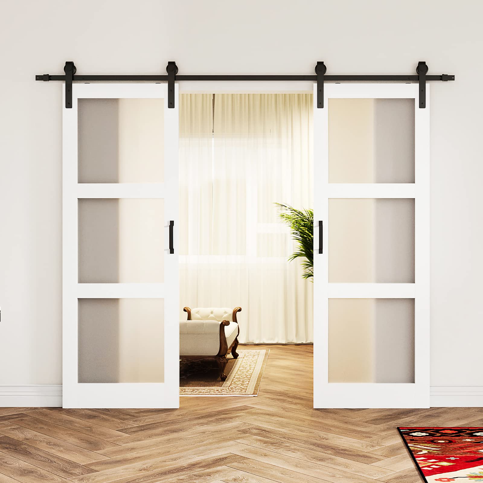 ARKHJEM Double Sliding Barn Door,60in(Double 30”×84in Frosted 3 Panel Glass Barn Door,Water-Proof PVC Surface,Hardware Kit Included, Assembly Needed,White