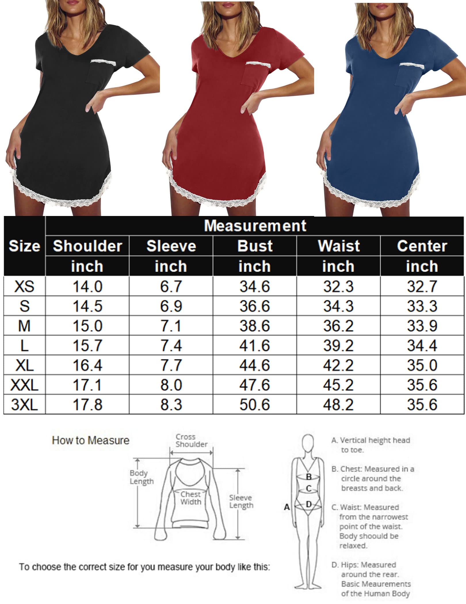 Ekouaer Womens Sexy Lace Trim Soft Sleepshirt Short Slleve V Neck Nightgown Dark Grey XXL