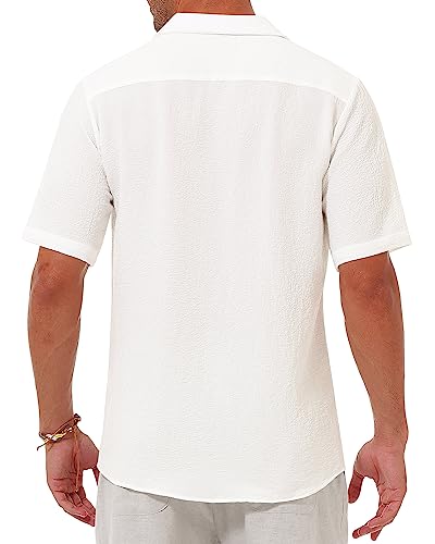 Alimens & Gentle Men's Seersucker Hawaiian Shirts Casual Short Sleeve Button Down Shirt for Men Summer Beach Shirt(White, Large)