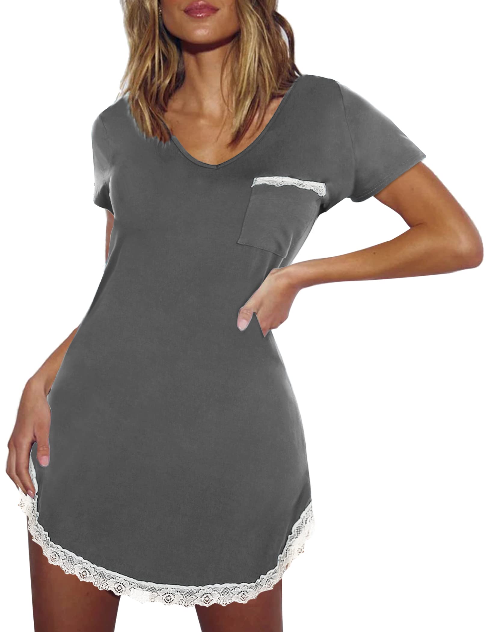 Ekouaer Womens Sexy Lace Trim Soft Sleepshirt Short Slleve V Neck Nightgown Dark Grey XXL