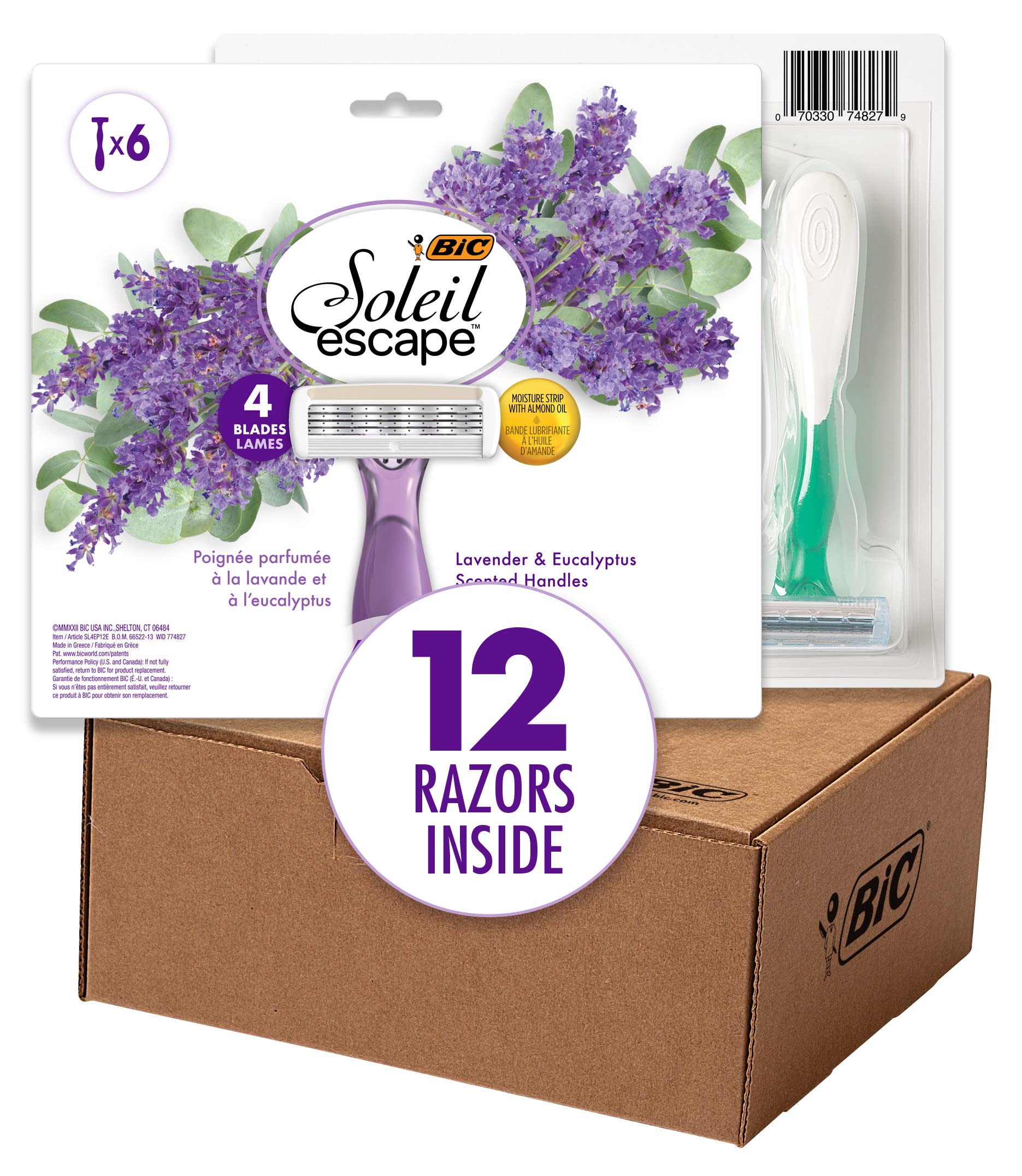 BIC Soleil Escape Women's Disposable 4-Blade Razors, Bikini Line Razor with Lavender & Eucalyptus Scented Handles, 12-Pack