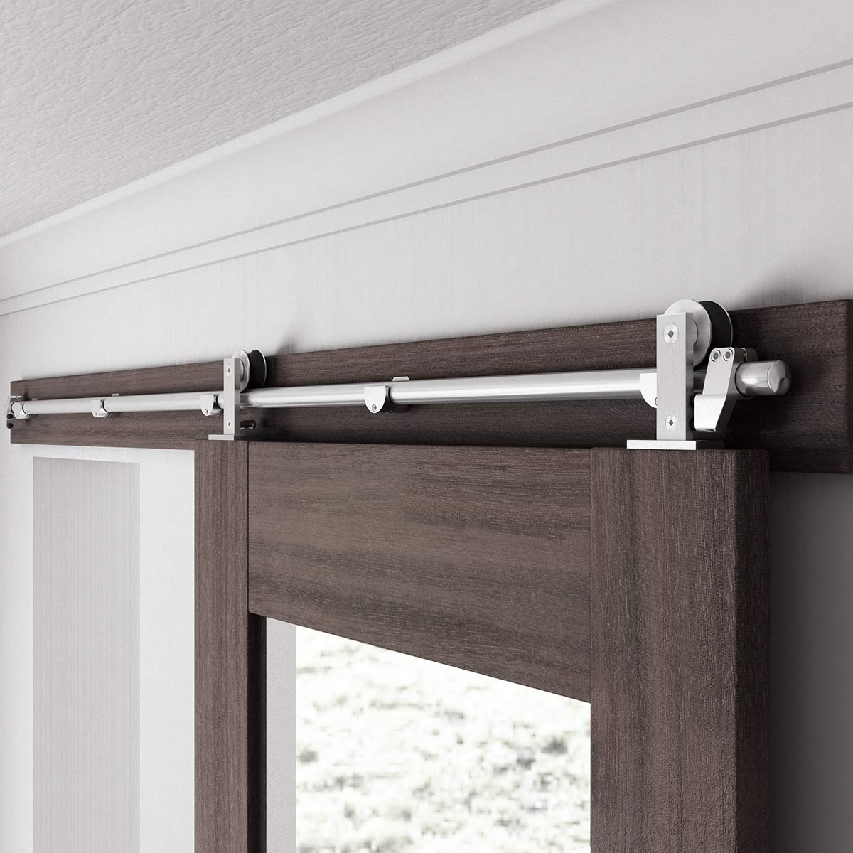 SMARTSTANDARD 6 Feet Top Mount Sliding Hardware Kit with 12'' Handle Set-Stainless Steel Heavy Duty Sturdy Barn Track-Simple and Easy to Install-Fit 36" Wide Door Panel (T Shape Hanger)