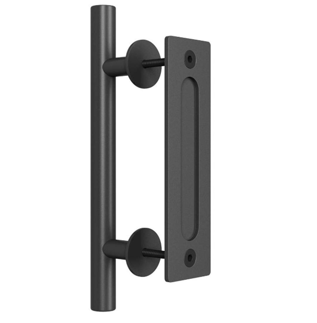 Ranbo Heavy Duty 12" Pull and Flush Barn Door Handle Set, Large Rustic Two-Side Design, for Gates Garages Sheds Furniture, Black Powder Coated Finish, Round