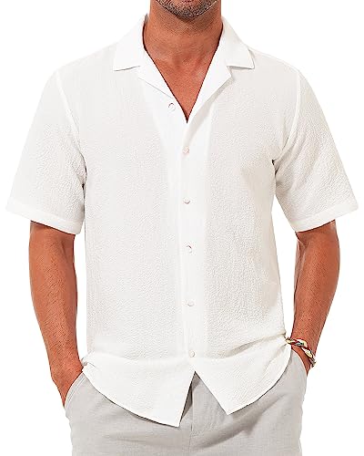 Alimens & Gentle Men's Seersucker Hawaiian Shirts Casual Short Sleeve Button Down Shirt for Men Summer Beach Shirt(White, Large)