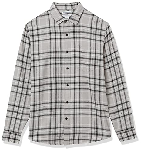Amazon Essentials Men's Long-Sleeve Flannel Shirt (Available in Big & Tall), Black Light Grey Plaid, Large