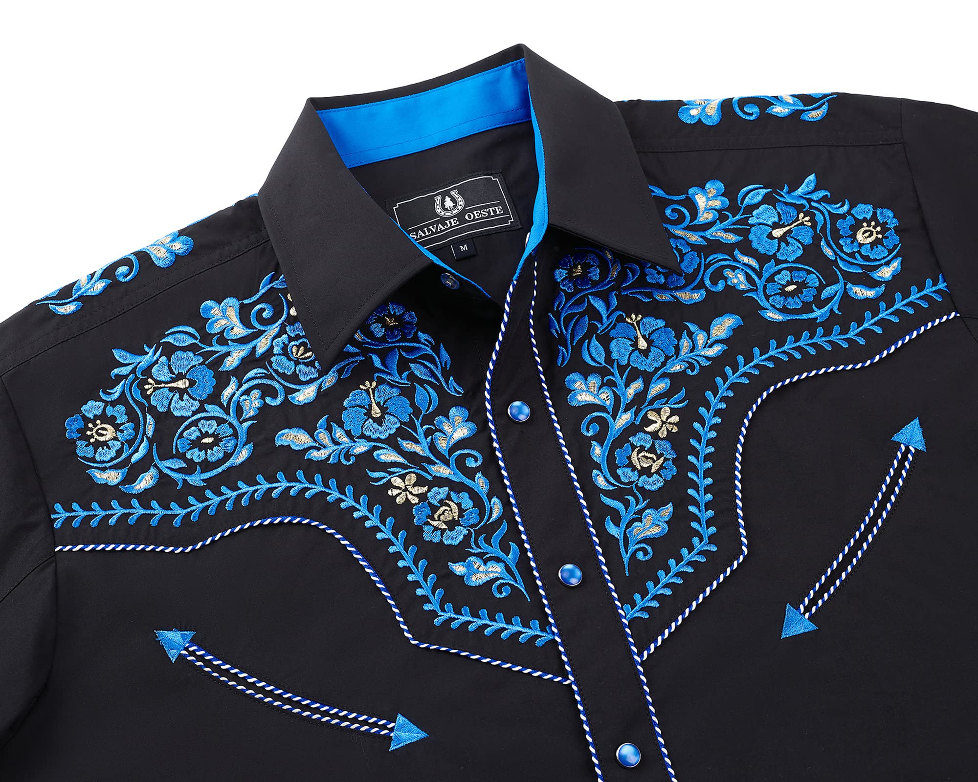 SALVAJE OESTE Western Embroidered Cowboy Shirts for Men, Casual Button Down Long Sleeve Shirt Floral Design Retro Shirt Black-Royal Blue