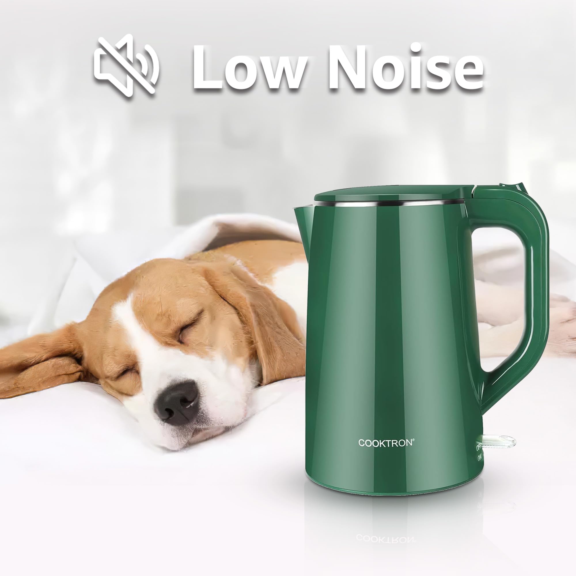 COOKTRON 1.7L Electric Kettle Quiet, Double Wall Hot Water Boiler BPA-Free, Quiet Boil and Cool Touch Tea Kettle, Cordless with Auto Shut-Off & Boil Dry Protection, 1500W Fast Boiling, dark green