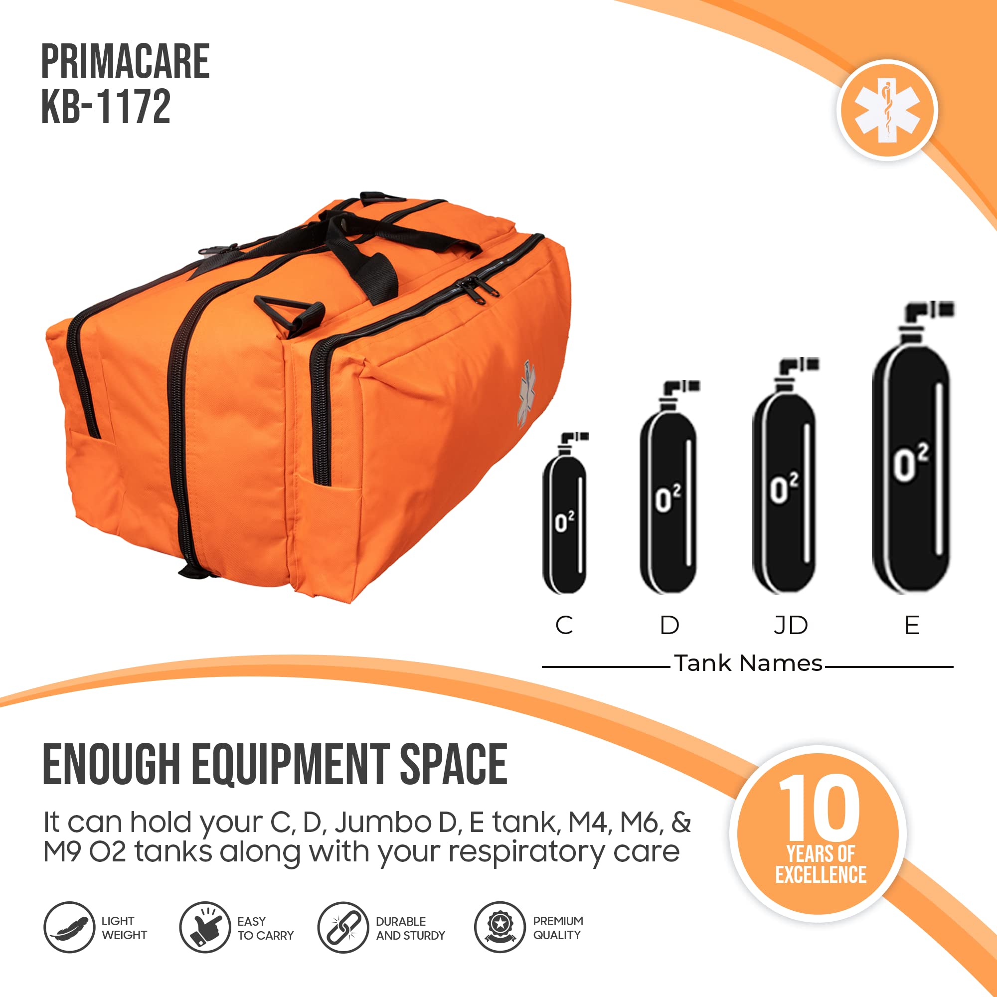 PrimaCare KB-1172 Oxygen O2 Gear Bag with Multiple Compartments Waterproof Bottom and Heavy-Duty Zipper, 32" x 12" x 13", Orange