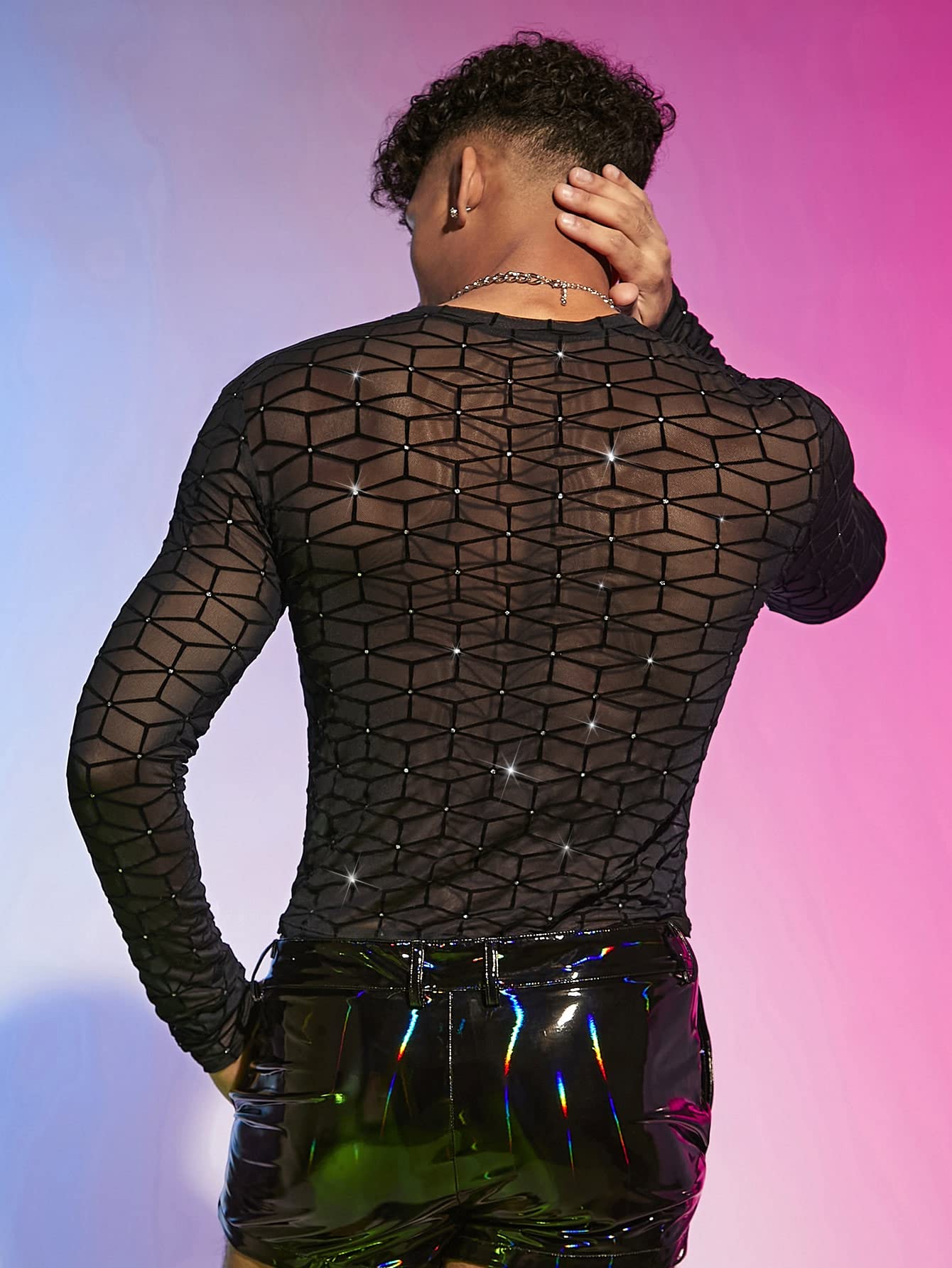 COZYEASE Men's Geo Print Rhinestone Tee Top Long Sleeve Slim Fit Flocking T Shirt Black L