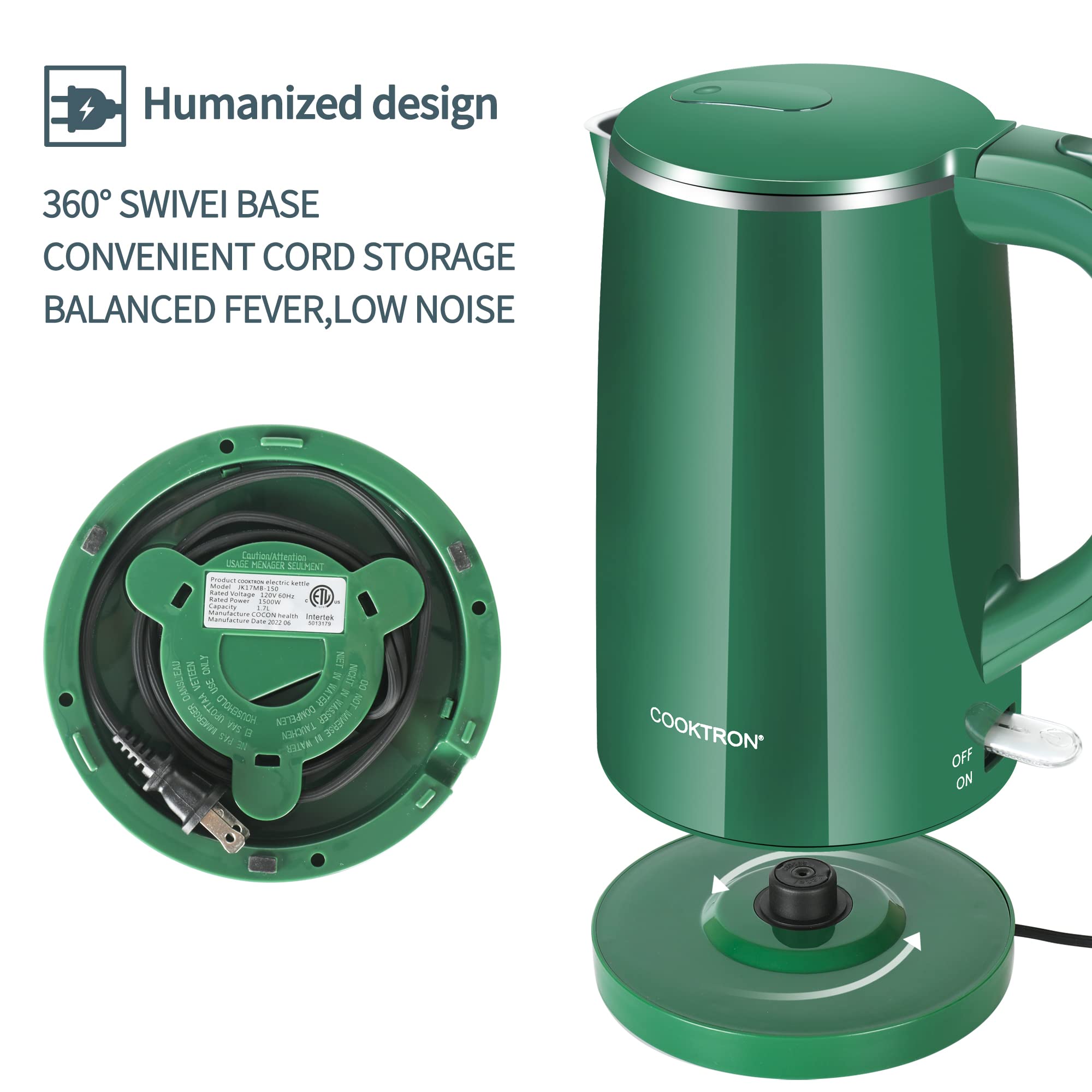 COOKTRON 1.7L Electric Kettle Quiet, Double Wall Hot Water Boiler BPA-Free, Quiet Boil and Cool Touch Tea Kettle, Cordless with Auto Shut-Off & Boil Dry Protection, 1500W Fast Boiling, dark green