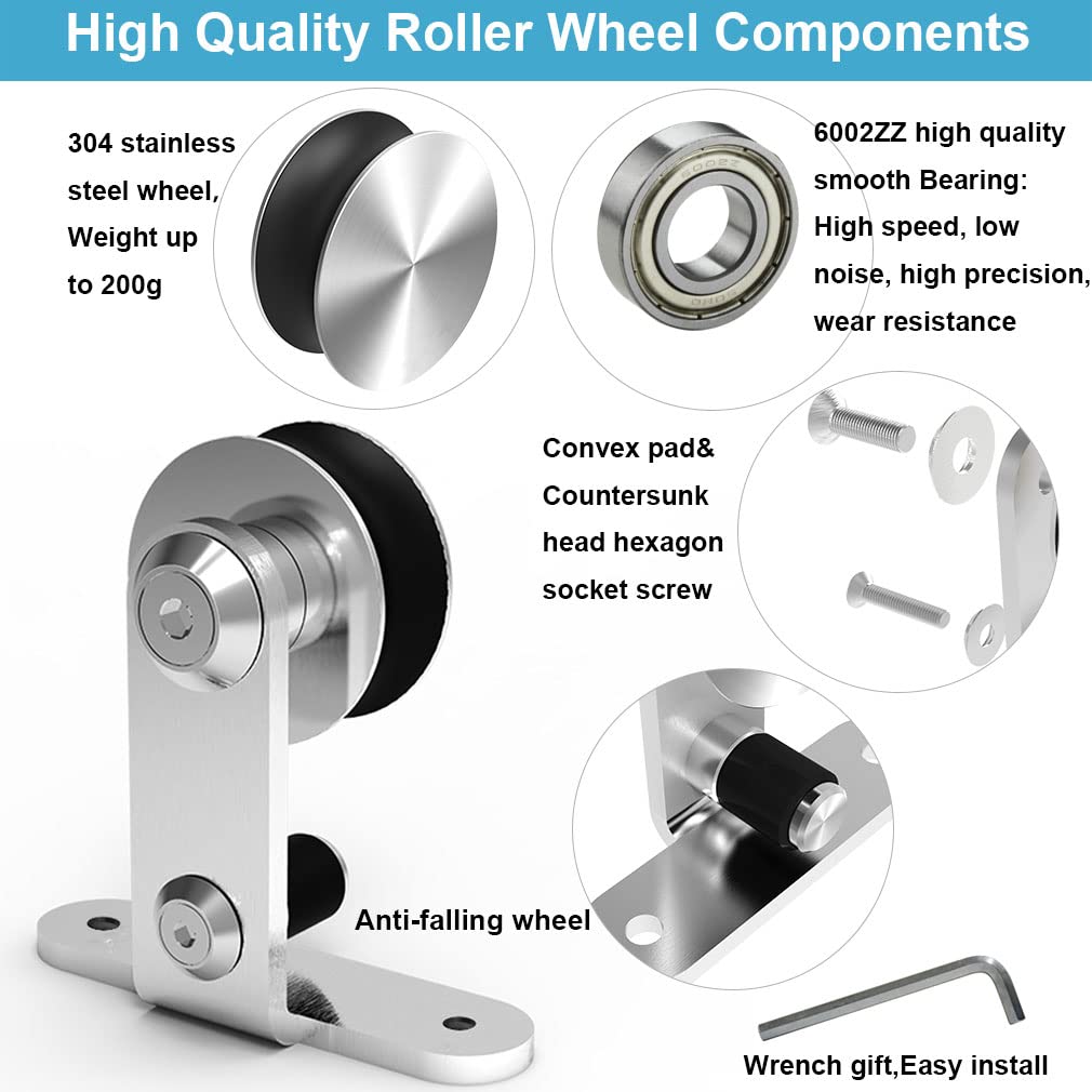 BONIKLUBA 6FT Stainless Steel Sliding Barn Door Hardware Track Kit Top Mount T Hanger Set for Single Door use, Easy to Install