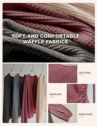 Prettywear Women's Long Sleeve Wrap Tops Sexy Casual Waffle Knit V Neck Shirts Solid Color Ruched Tunic Top Blouses Slim fit 2024 Fall Misty Rose