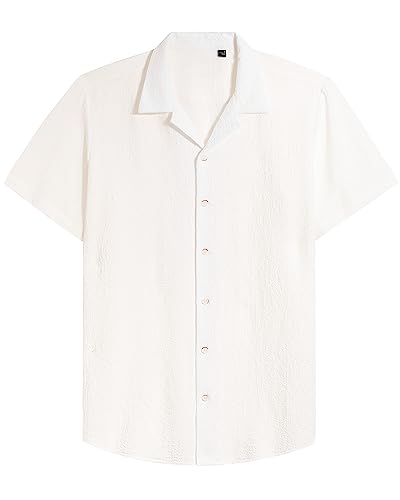 Alimens & Gentle Men's Seersucker Hawaiian Shirts Casual Short Sleeve Button Down Shirt for Men Summer Beach Shirt(White, Large)
