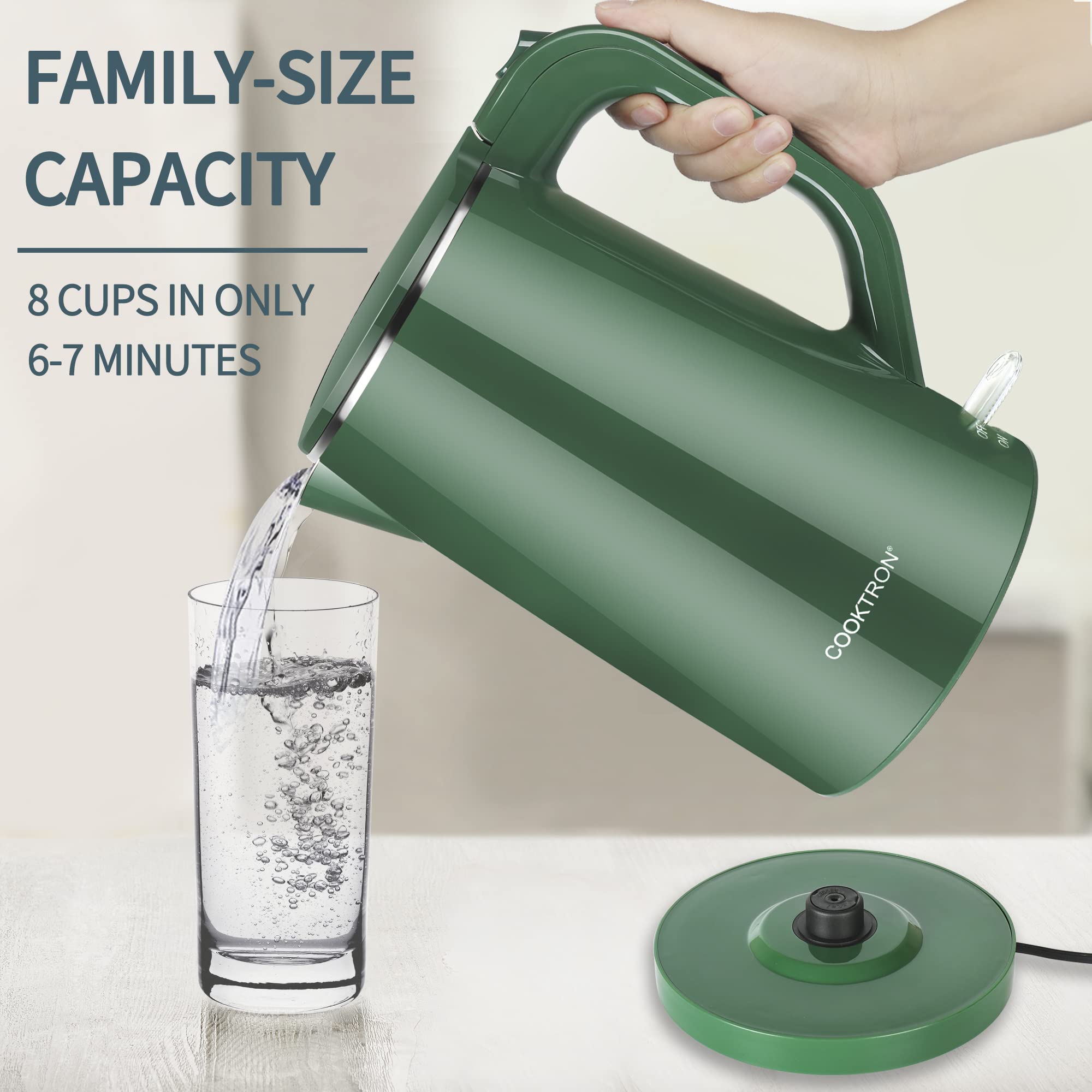 COOKTRON 1.7L Electric Kettle Quiet, Double Wall Hot Water Boiler BPA-Free, Quiet Boil and Cool Touch Tea Kettle, Cordless with Auto Shut-Off & Boil Dry Protection, 1500W Fast Boiling, dark green