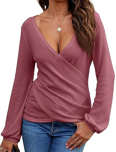 Prettywear Women's Long Sleeve Wrap Tops Sexy Casual Waffle Knit V Neck Shirts Solid Color Ruched Tunic Top Blouses Slim fit 2024 Fall Misty Rose