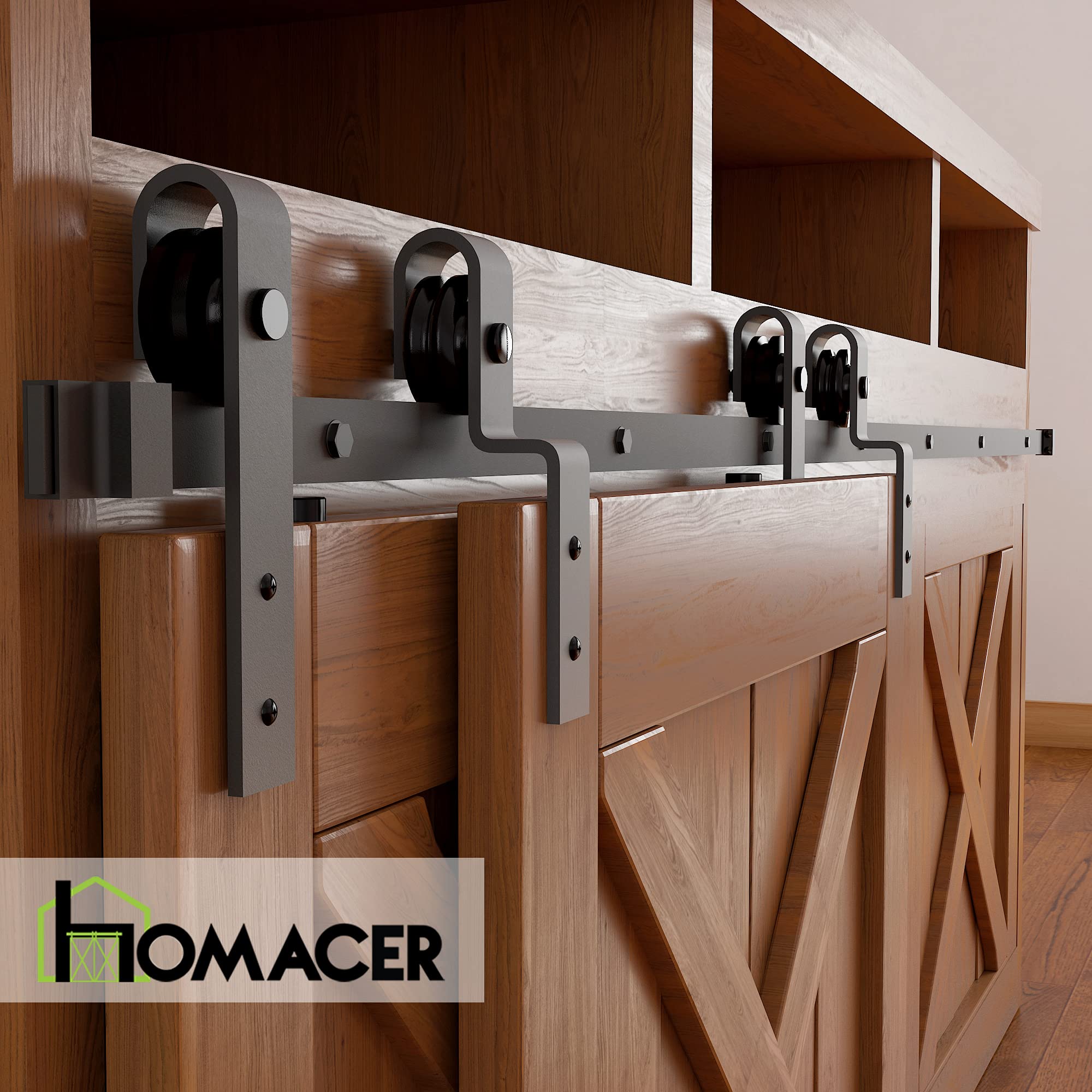 Homacer Mini Black Rustic Single Track Bypass Sliding Barn Door Hardware Kit, for Two Doors, 54-inch Long Flat Track, Classic Design Roller (One Flat +One Bent), Cabinet TV Stand Use