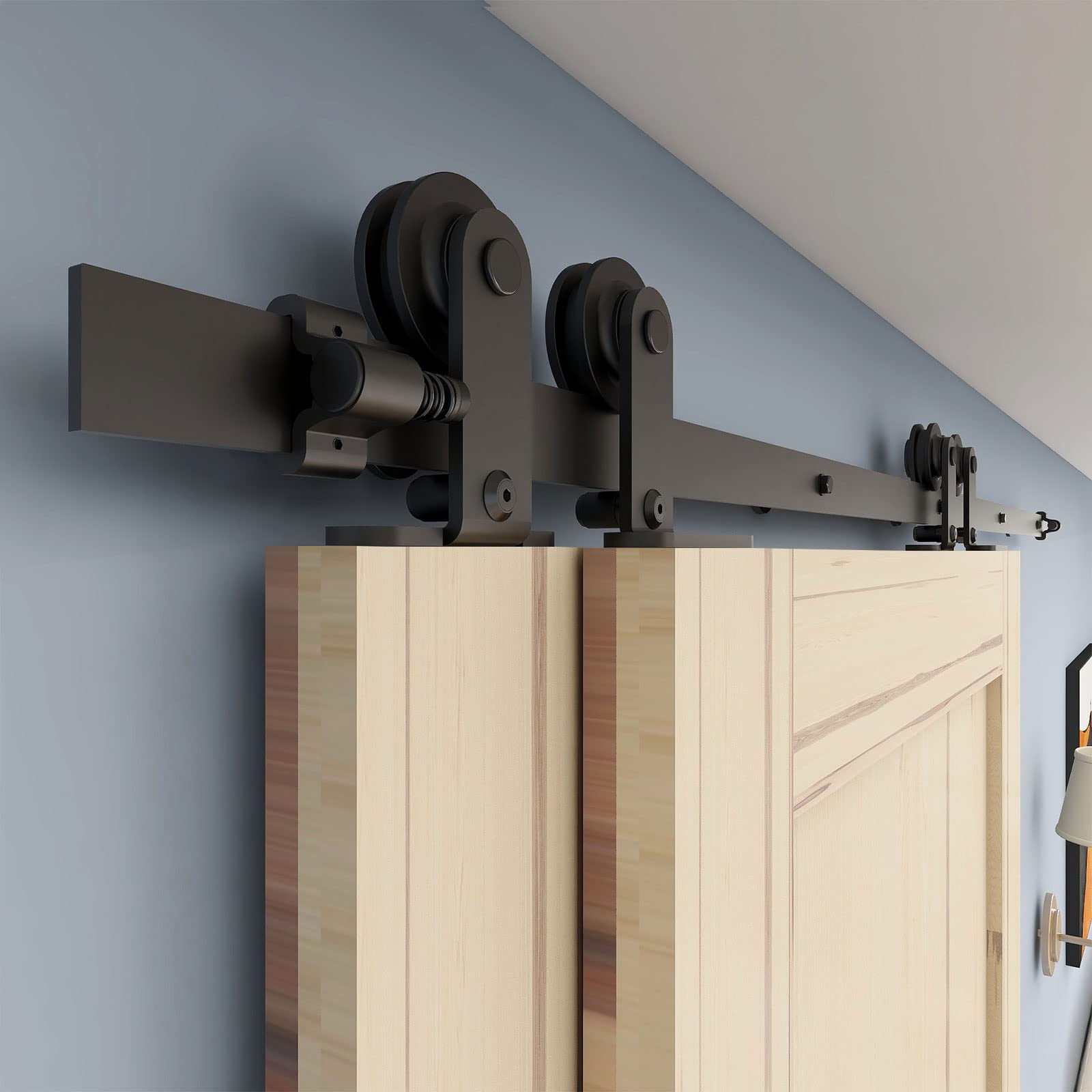 LQKUMJG 6.6FT Bypass Sliding Barn Door Hardware Kit Upgraded Heavy Duty Single Track for Double Doors, Fit 1 3/16" - 1 9/16" Thickness Door Panel, Black (T-Shaped Hanger)
