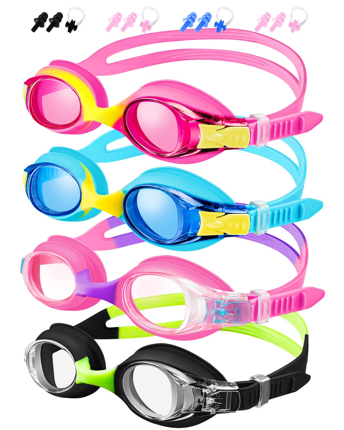 XDX Kids Goggles for Swimming 4-14, 4 Pack Kids Swimming Goggles for Boys and Girls, Anti Fog Swimming Goggles with UV Protection, Adjustable