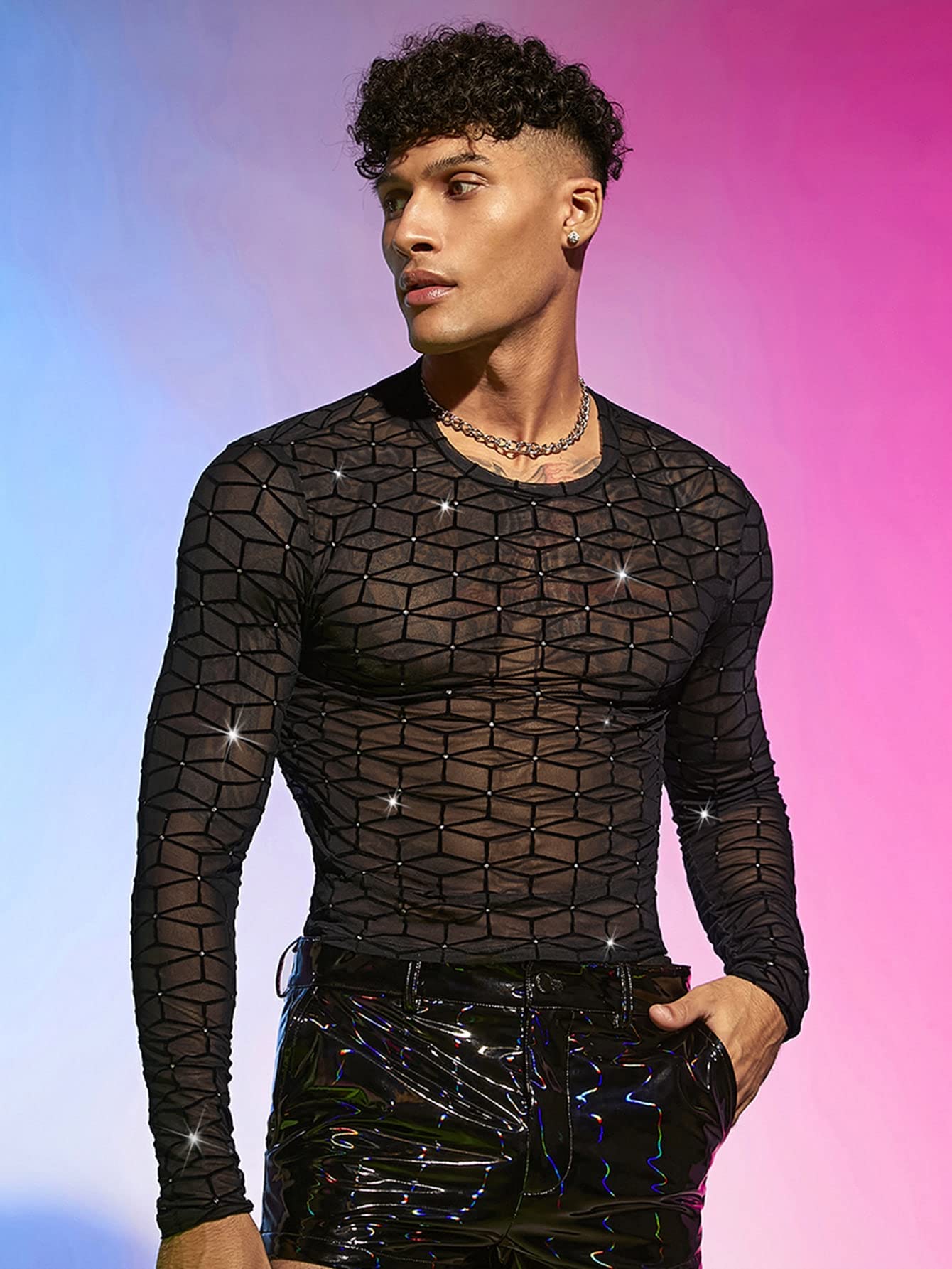 COZYEASE Men's Geo Print Rhinestone Tee Top Long Sleeve Slim Fit Flocking T Shirt Black L
