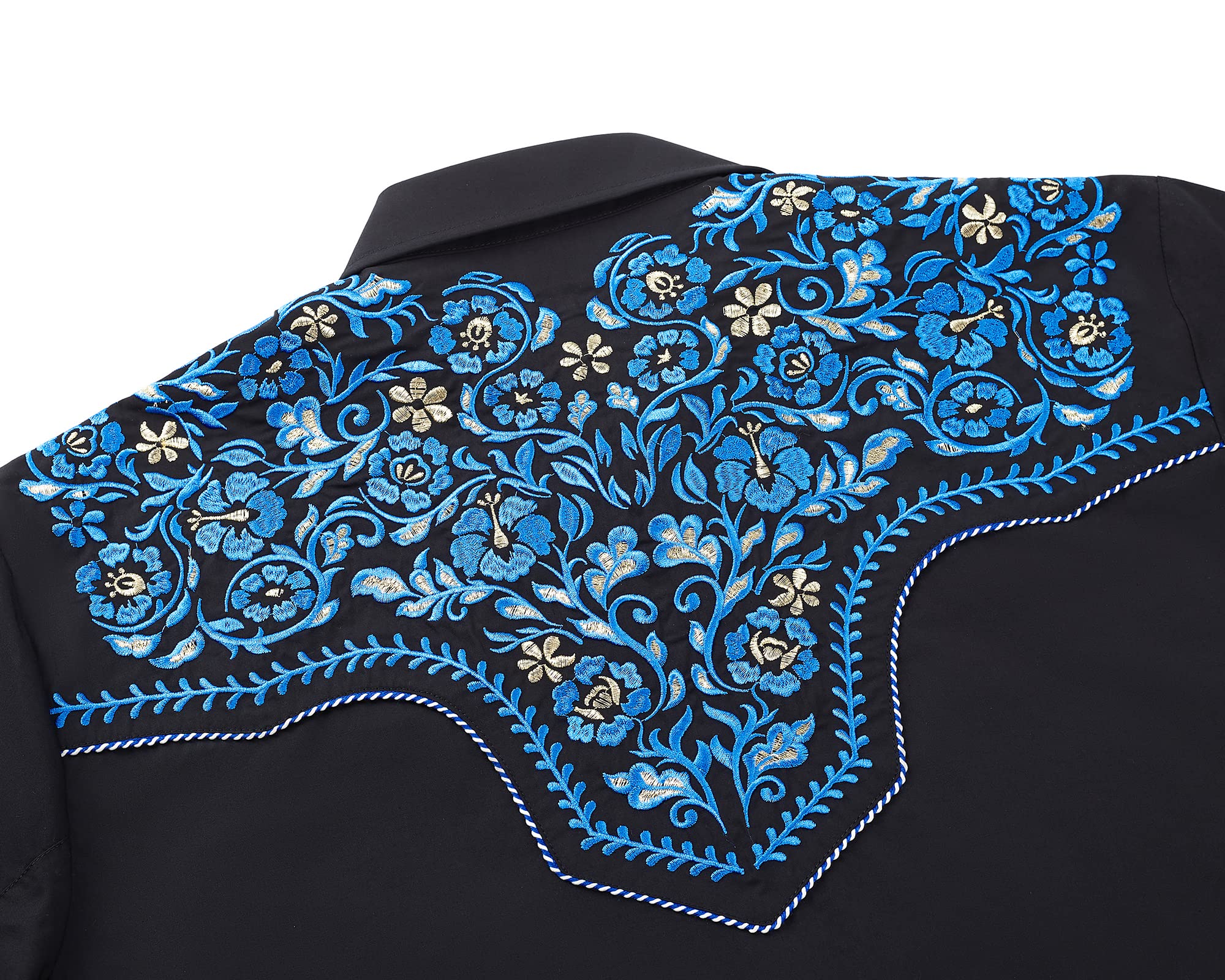 SALVAJE OESTE Western Embroidered Cowboy Shirts for Men, Casual Button Down Long Sleeve Shirt Floral Design Retro Shirt Black-Royal Blue