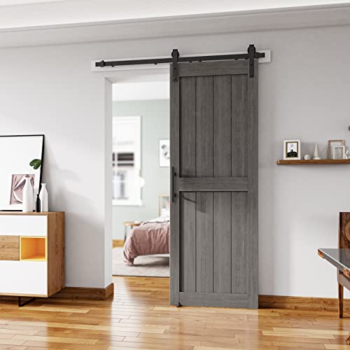ALAMEDADT 30''x84'' Sliding Barn Door with 5 Ft Barn Door Hardware Kit& Handle& Floor Guides,Pre-Drilled Holes Easy Assembly - Include Installation Manual, Water-Proof PVC Surface, H-Frame, Grey